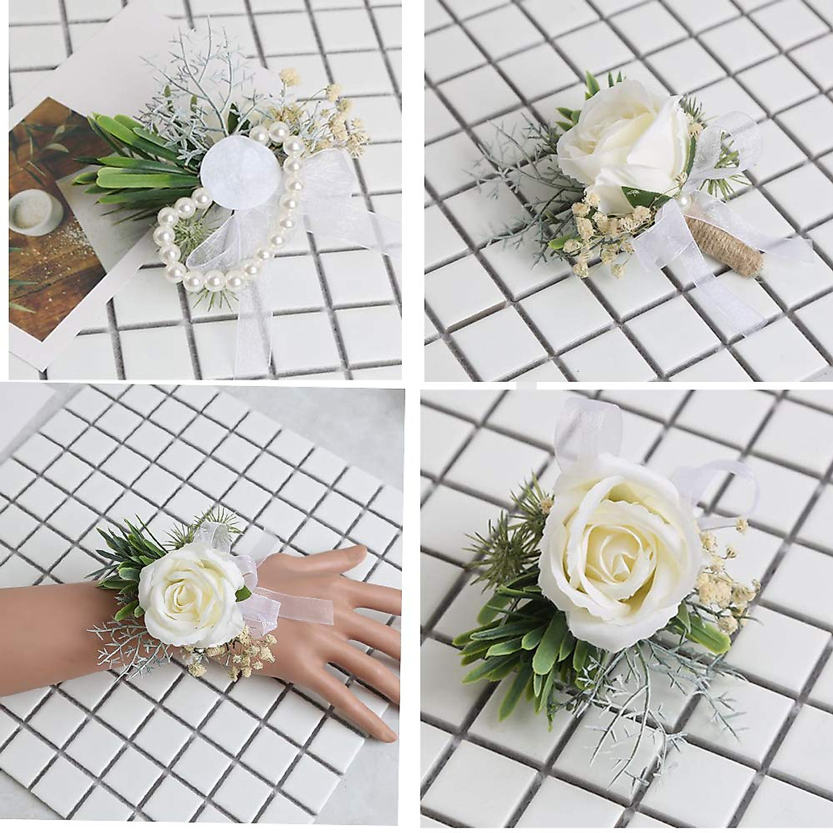 DearHouse 2 Pack Boutonniere Buttonholes and Wrist Corsage Wristband Roses Wrist Corsage, Groom Groomsman Best Man and Girl Brides Rose Wedding Flowers Accessories Prom Suit Decoration