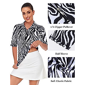 Misyula Athletic Tops for Women,Short Sleeve Quarter Zip Golf Shirts UV Protection Dry Fit Workout Top Relaxed Fit Tennis Training Jogging Performance Active Wear Outfits Zebra L