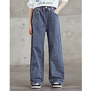 Sitmptol Teen Girls Blue Ripped Jeans Wide Leg High Waist Denim Trousers Loose Streetwear Jeans Baggy Pants Denim Blue 160 11-12 Years