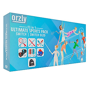 Orzly Switch Sports Games 2024 Accessories Bundle Pack for Nintendo Switch & Switch OLED with Tennis Rackets, Golf Clubs, Chambara Swords, Soccer Leg Straps & Joycon Grips - With Carry Bag