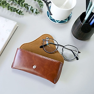 LogHog Portable Leather Glasses Case,Mother's Day Gifts Durable Soft Sunglasses Pouch Slim Case for Women Men Horizontal Eyeglass Case （Button - Brown）