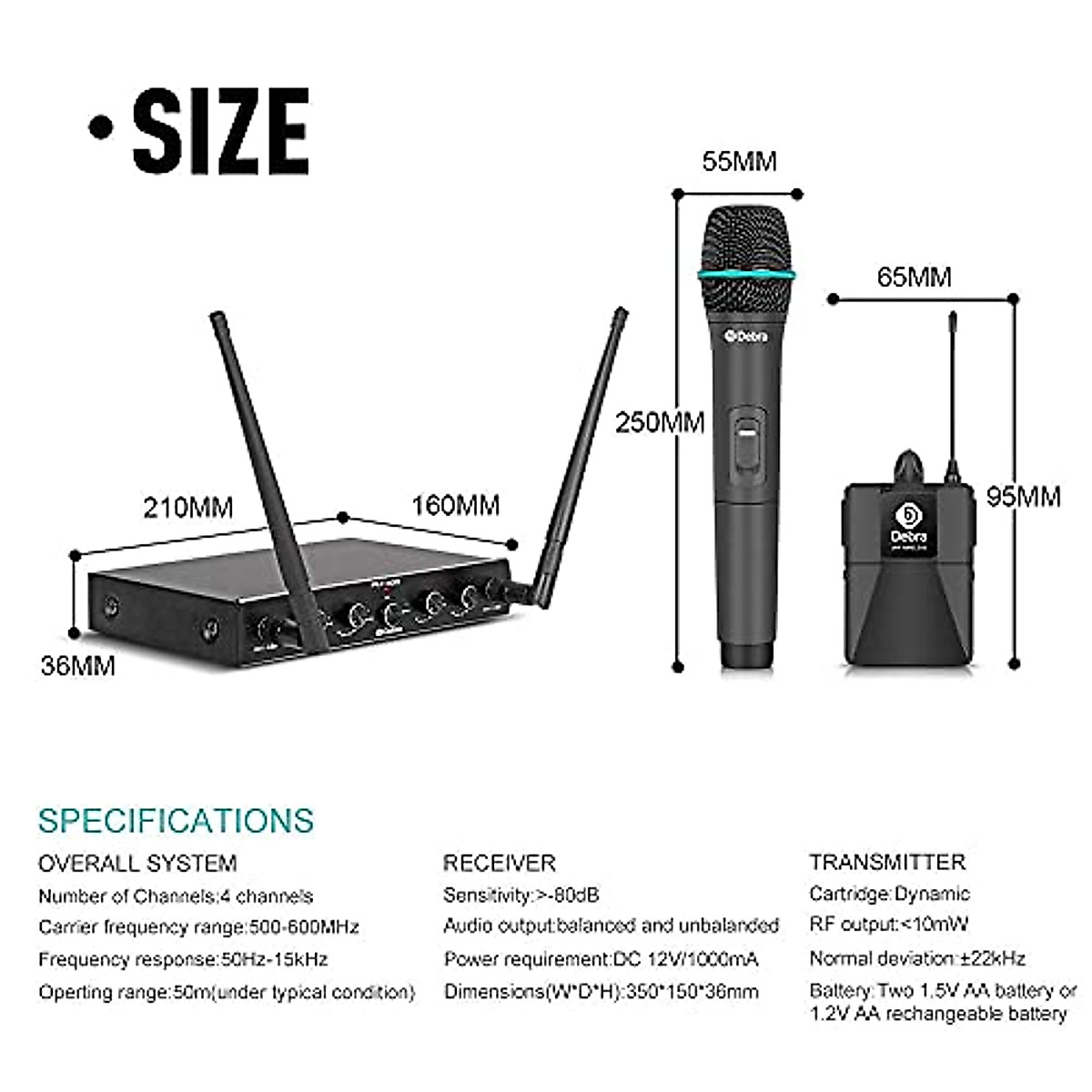 Debra Audio Pro UHF 4 Channel Wireless Microphone System with Cordless Handheld Lavalier Headset Mics, Metal Receiver, Ideal for Karaoke Church Party (with 4 Handheld (A))