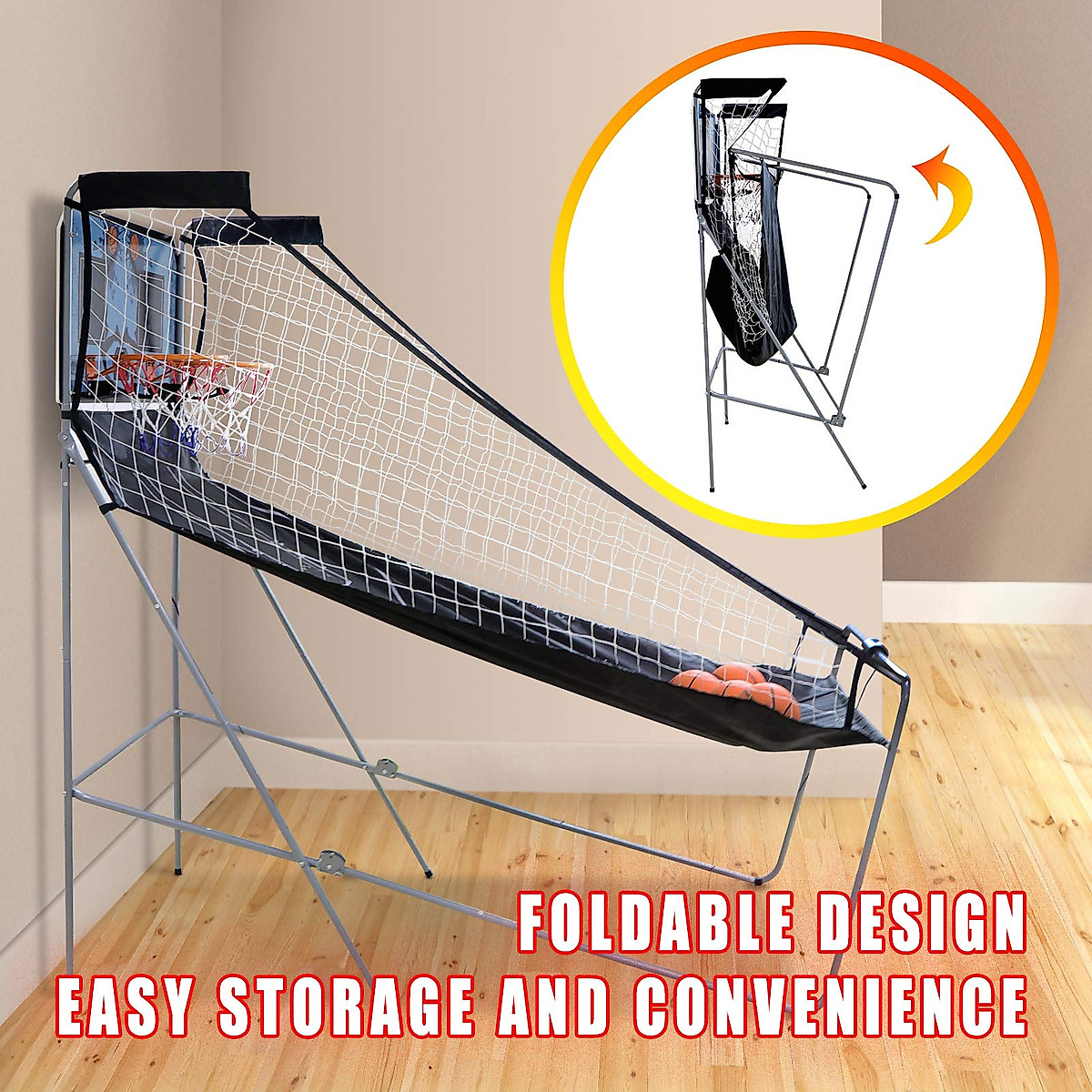 Foldable Indoor Basketball Arcade Game Double Shot 2 Player W/ 4 Balls, Electronic Scoreboard and Inflation Pump