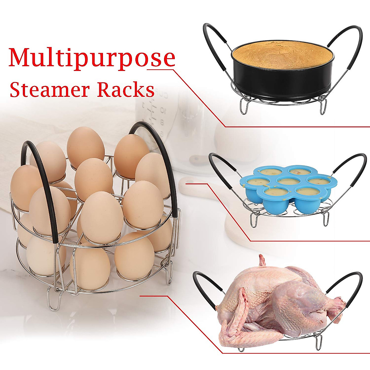 Aozita Multipurpose Stackable Egg Steamer Rack Trivet with Heat Resistant Silicone Handles Compatible for Instant Pot Accessories 6 Qt/8 Qt - 18 Egg Cooking Rack for Pressure Cooker Accessories