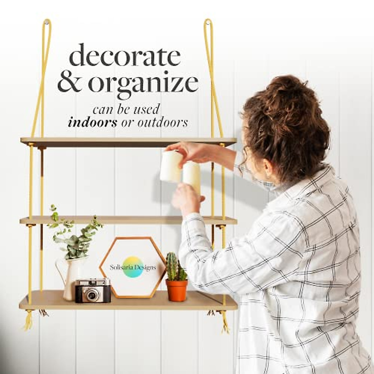 Solisaria Designs Hanging Wall Shelves, 17" Modern Decorative Floating Shelves, Display Organizer for Bedroom, Bathroom, Living Room Corner Shelf, Rustic Wall Decor for Bedroom