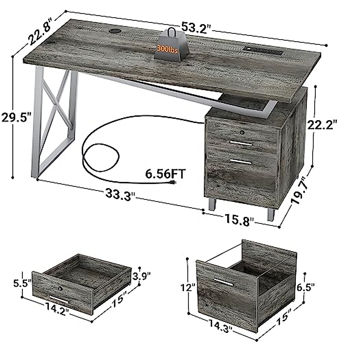 Homieasy Computer Desk with File Cabinet & Charging Station, Heavy Duty Home Office Executive Desk with Storage Drawers, Sturdy Spacious Workstation with Power Strip Cable Grommets, Black Oak