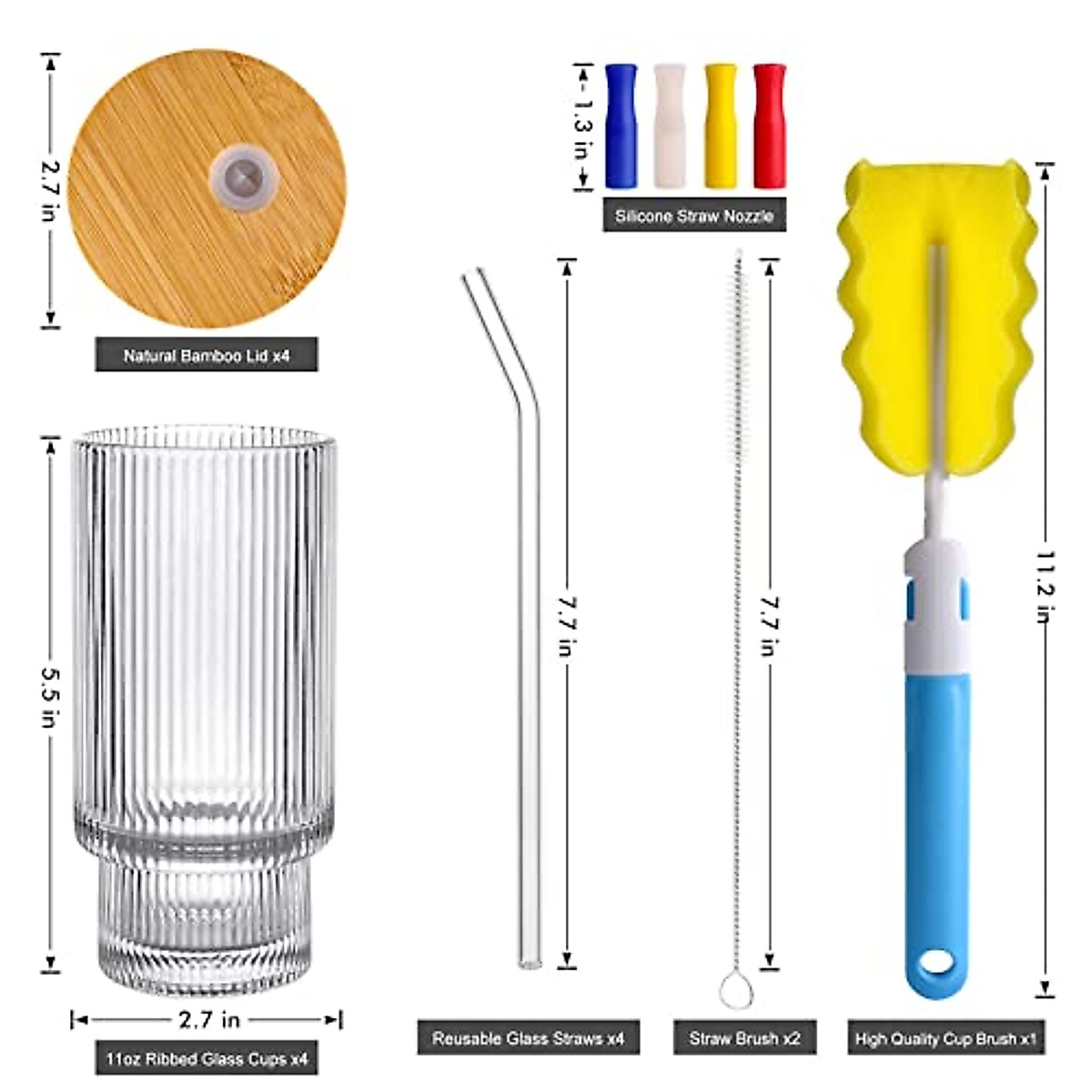 BOICHU Ribbed Glassware Set of 4, Ribbed Glass Cups with Lids and Straws - Vintage Ribbed Drinking Glasses with Bamboo Lids, 11 OZ Cute Fluted Glassware for Iced Coffee,Cocktail,Beer,Smoothie,etc