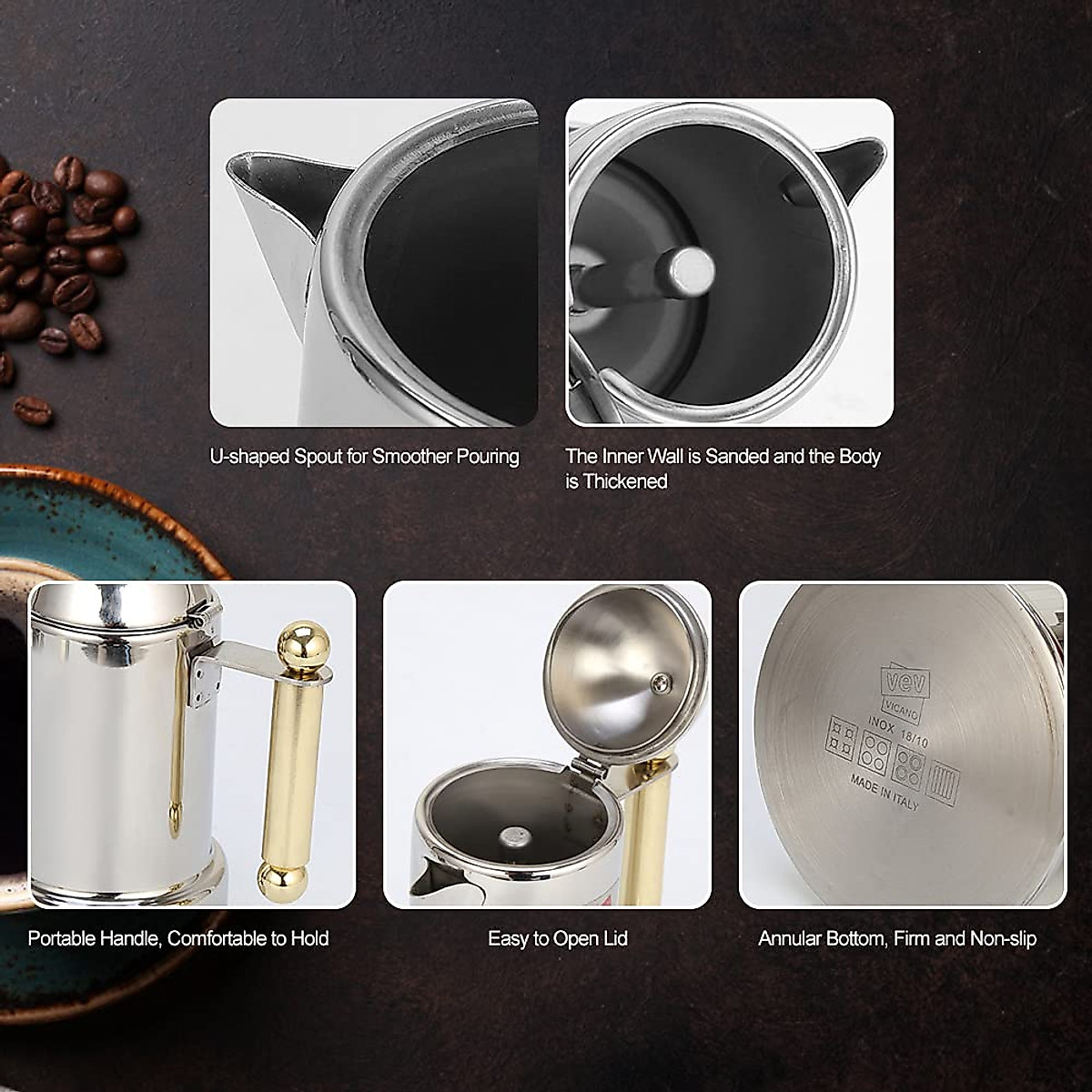 Bewinner Mini Stovetop Coffee Makers, 200ml Stainless Steel Moka Pot for Home Office Stovetop Espresso Coffee Maker with Safety Valve,Food Grade Stainless Steel(200ml)