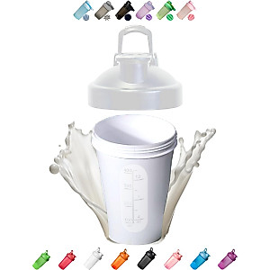 Protein Shaker Bottle w. Classic Loop Top & Stainless Whisk Ball-Protein Shaker Bottle Leak Proof Class Portable Gym Shaker Water Bottle w. Measurement Line BPA Free Plastic Sports Mixer-(16 oz,White)
