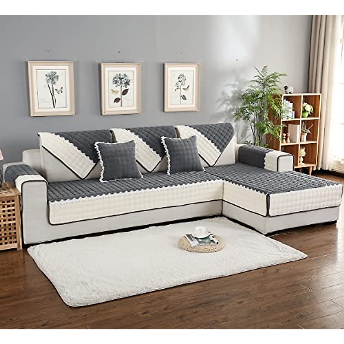 vctops Soft Corduroy Sofa Couch Cover, Plaid Sectional Couch Covers, Non-Slip Sofa Slipcover for Dogs Cats Kids(Dark Grey,28"x28")