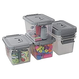 Gloreen 6 Quart Clear Storage Bins with Grey Lid and Handle, Stackable Plastic Storage Latch Box/Containers, 6 Packs