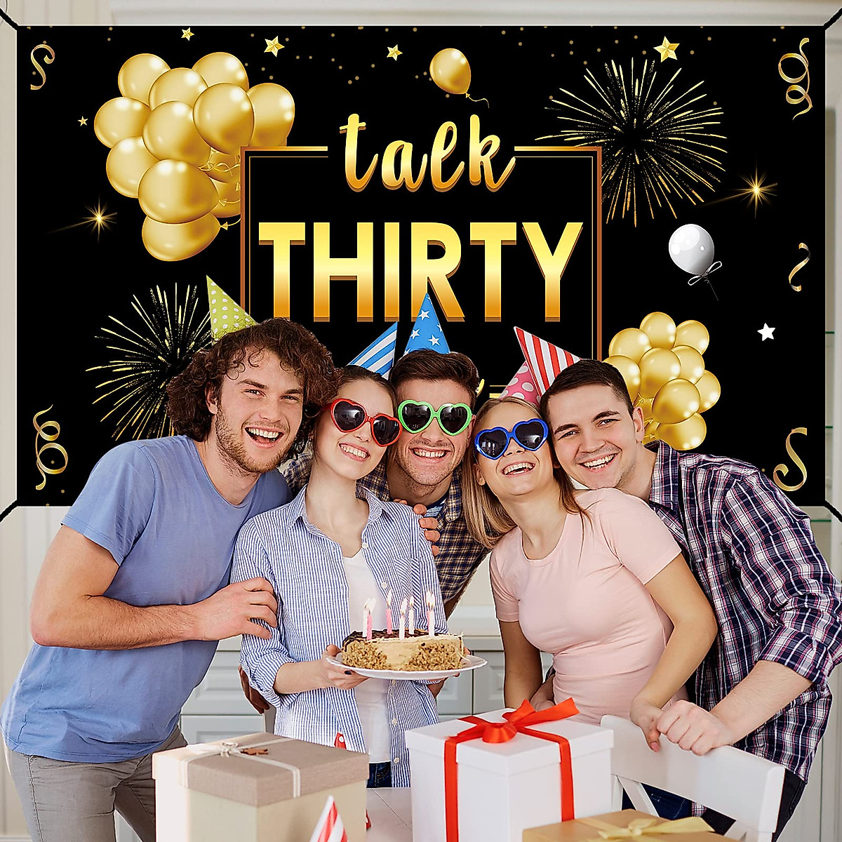 Happy 30th Birthday Banner Decorations for Him &Her - Talk Thirty to Me Backdrop Party Supplies Décor - Black Gold Large Thirty Birthday Poster Sign for Outdoor Indoor