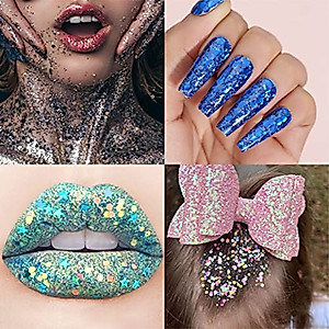 Holographic Chunky and Fine Glitter Mix, 45 Colors Festival Chunky Sequins & Fine Glitter Powder, Iridescent Glitter Flakes, Cosmetic Face Body Eye Hair Nail Art Resin Tumbler Glitter Loose Glitter