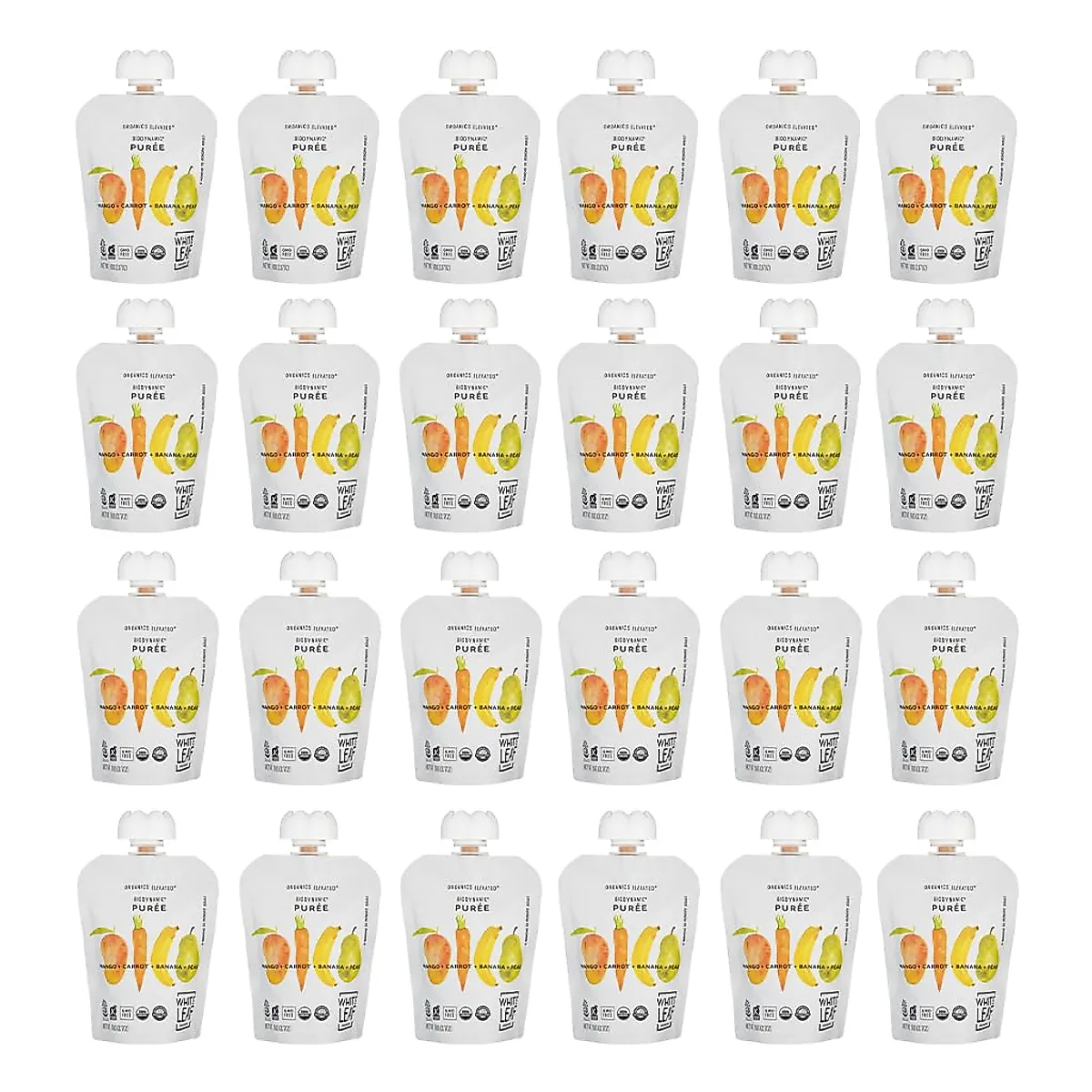 White Leaf Provisions Biodynamic & Organic Baby Food Pouches - USDA, GMO & BPA Free Squeezable Toddler Snacks - 24 x 90 grams (24 Pouches, Mango + Carrot + Banana + Pear)