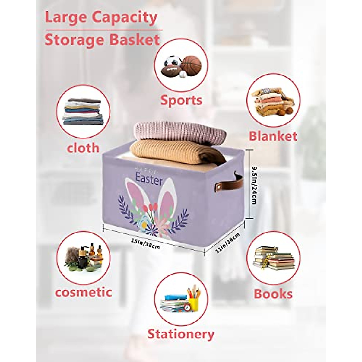 1 PCS Large Storage Basket Bins Waterproof Fabric, Easter Bunny Ear Rectangular Storage Box for Shelf Closet Organizer Cute Easter Rabbit Purple Red Spring Floral