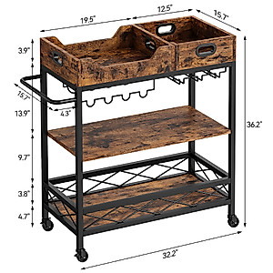 IDEALHOUSE 3 Tier Bar Carts for The Home, Rustic Brown Bar Cart with Wheels, Two Portable Trays, Wine Rack, Glasses Holder, Industrial Serving Cart for Kichen, Living Room, Dining Room