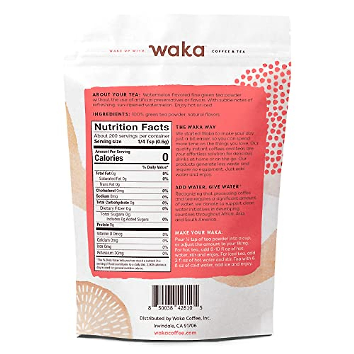 Waka Quality Instant Tea — No Sugar Added & Unsweetened Watermelon Flavored Green Tea Powder — 100% Tea Leaves — 4.5 oz Bulk Bag
