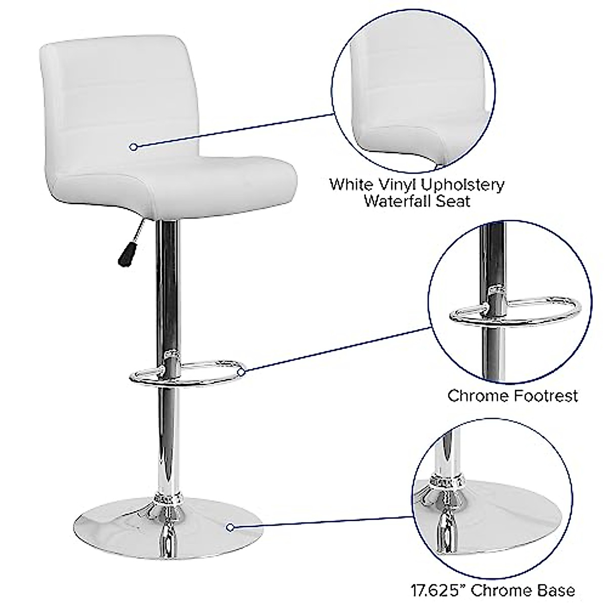 Flash Furniture Contemporary White Vinyl Adjustable Height Barstool with Rolled Seat and Chrome Base
