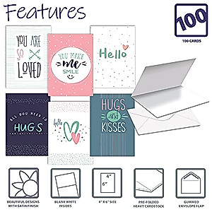Thinking of You Hello Greeting Cards, Friendship Cards, 100-Pack, 4 x 6 inch, 6 Fun Modern Cover Designs, Blank Inside, by Better Office Products, Encouragement Appreciation Note Cards, with Envelopes