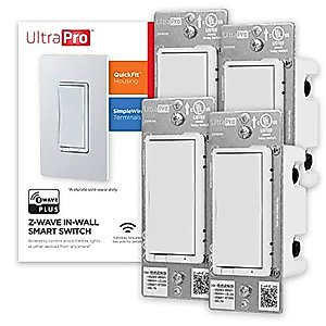 UltraPro Z-Wave Smart Rocker Light Switch with QuickFit and SimpleWire, 3-Way Ready, Works with Alexa, Google Assistant, ZWave Hub Required, Repeater/Range Extender, White Paddle Only, 4-Pack, 54891