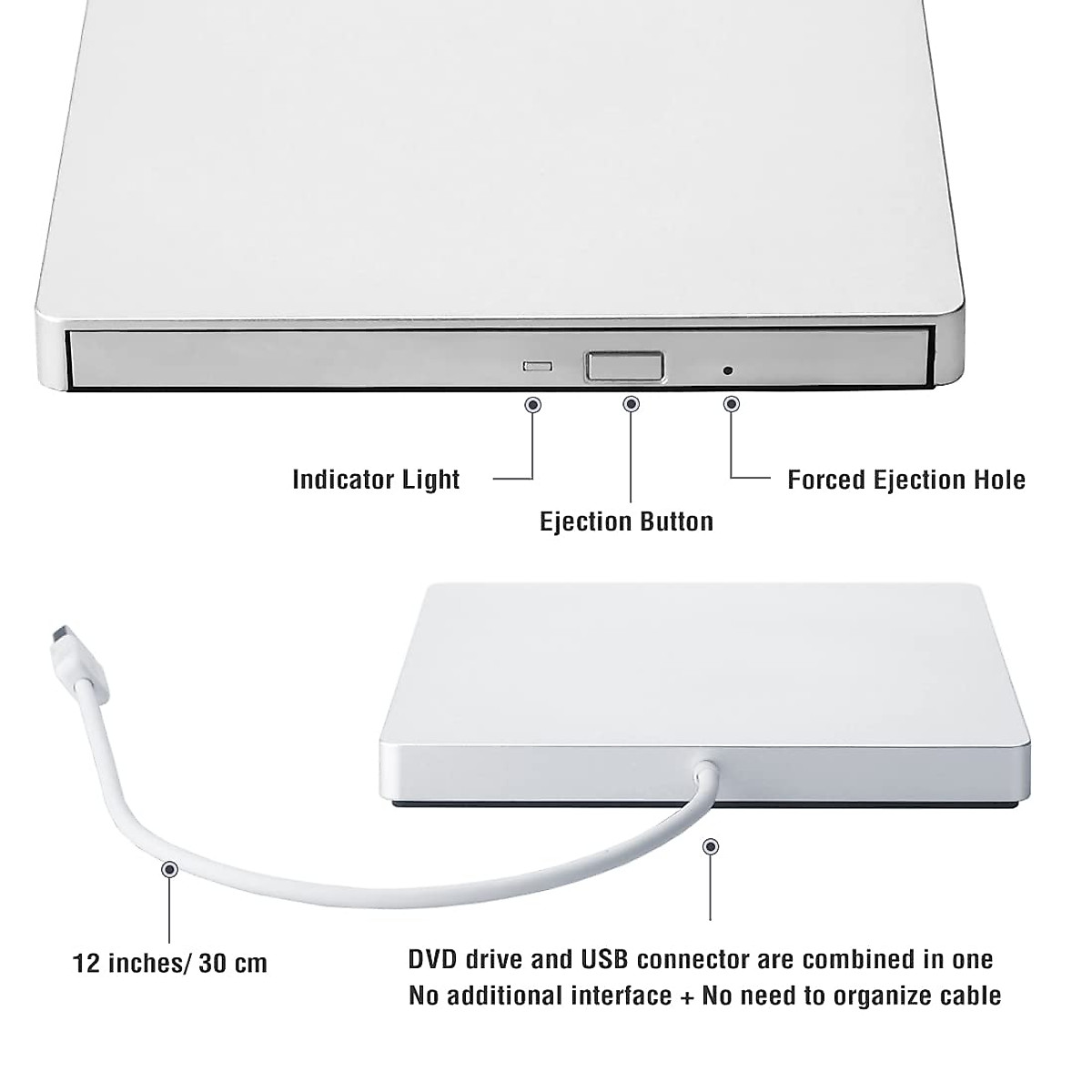 ROOFULL External CD/DVD Drive, CD Burner USB 3.0 Portable CD-ROM DVD+/-RW Disc Player Burner Reader Writer Optical Drive for Apple Mac MacBook Pro/Air, Windows 11/10 Laptop PC, Silver