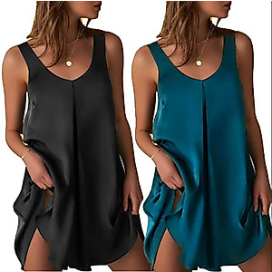 Ekouaer Women's 2 Pack Satin Silk Nightgown Sleeveless Sleep Dress V Neck Nightshirt Soft Tank Pleated Nightdress Black/Green