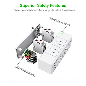 2 Prong Power Strip with Rotating Plug, EyGde Multi Plug Outlet Extender, Multiple Outlet Splitter(3 Sided 6 Sockets) and 4 USB Ports, Wall Adapter Surge Protector (1700J) for Travel, Office, White