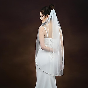 HONGMEI Wedding Veil for Brides 1 Tier Crystal Beaded Fingertip Length Bridal Veil with Comb