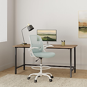 Primy Drafting Chair Tall Office Chair with Flip-up Armrests Executive Ergonomic Computer Standing Desk Chair with Lumbar Support and Adjustable Footrest Ring（Light Blue）