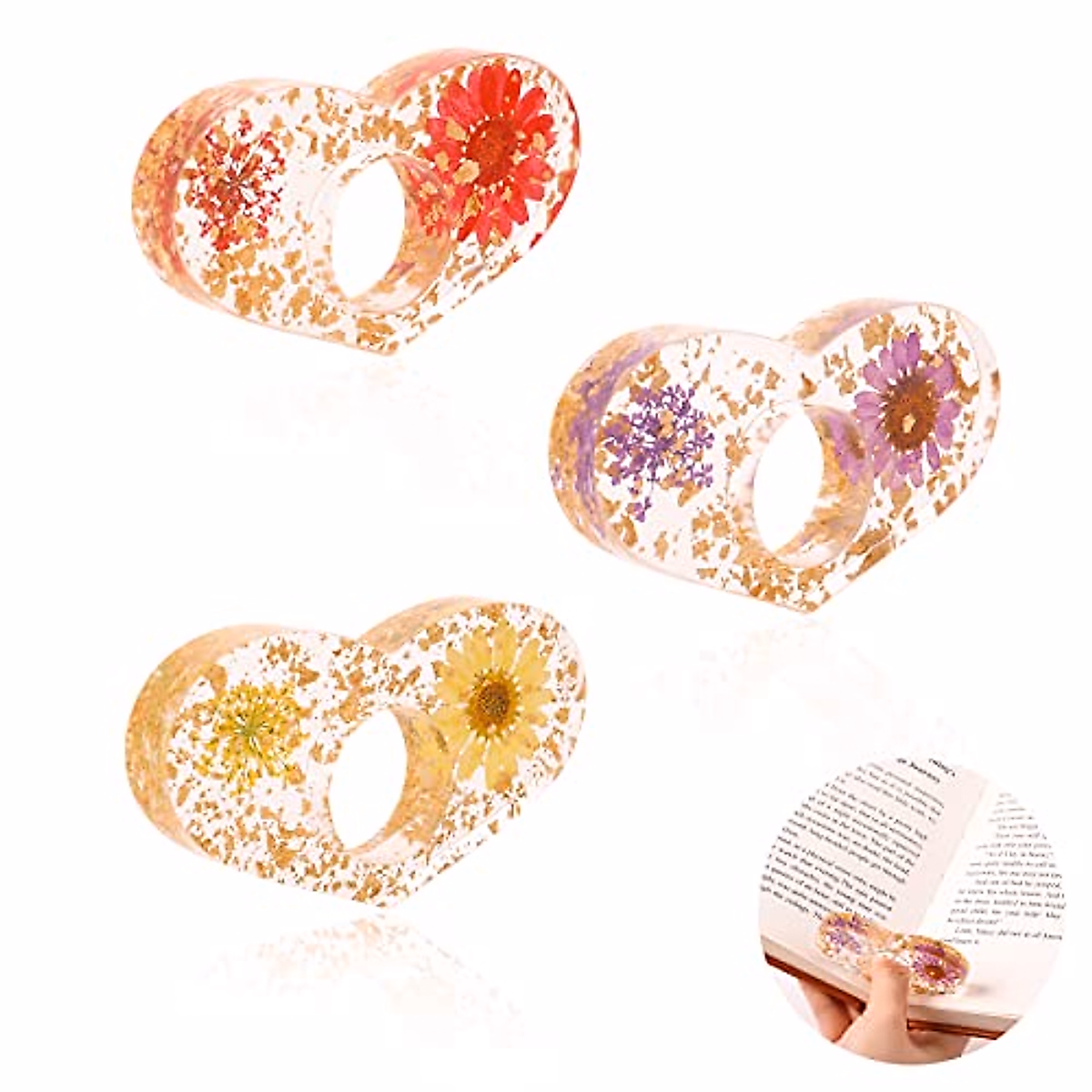 Book Page Holder,3 Pcs Dried Flower Resin Book Opener Holder Reading Lover's Gift Thumb Book Page Holder Book Reading Accessories Gifts for Book Lovers Women Transparent Thumb Ring Page Holder