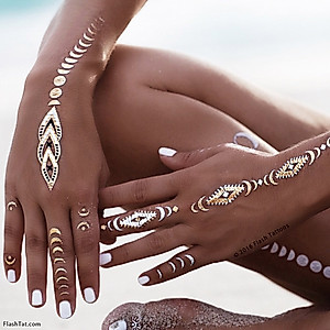 Flash Tattoos Lunar Love Authentic Metallic Temporary Tattoos 4 Sheet Pack (Black/gold/silver/white) - Includes Over 38 Premium Waterproof Tattoos