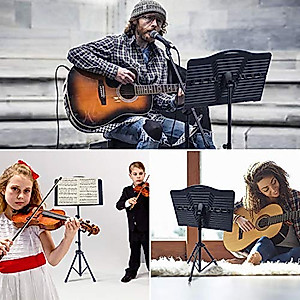 Klvied Sheet Music Stand with Violin Hanger, Portable Folding violin Stand, Foldable Music Stand for Sheet Music, Violin Music Stand with Carrying Bag, Light, Black