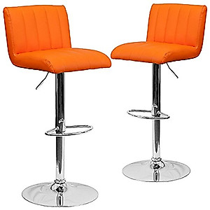 Contemporary Bar Stool Vertical Line Design Hydraulic Adjustable Height 360-Degree Swivel Seat Sturdy Steel Frame Chrome Base Dining Chair Bar Pub Stool Home Office Furniture - Set of 2 Orange #1983
