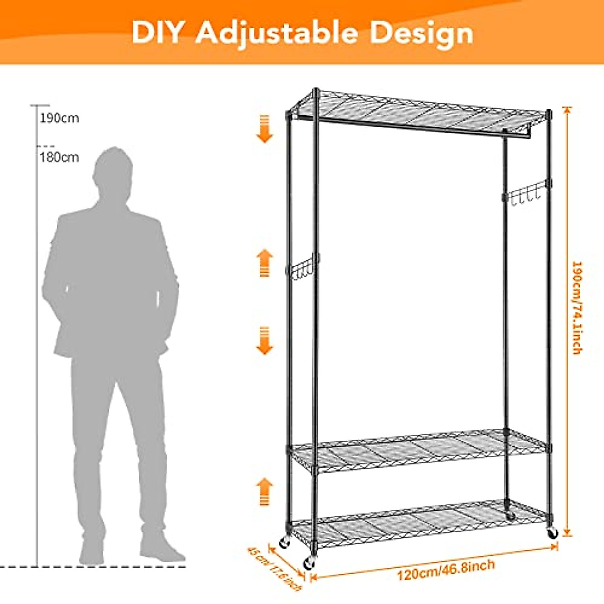 Modrine Clothing Rolling Rack, 3 Tiers Heavy Duty Garment Rack, with Lockable Wheels, 2 Side Hooks and 1 Clothes Rod (Black)