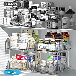 Fowooyeen 2 Pack Bathroom Cabinet Organizer, 2 Tier Pull Out Clear Under Sink Organizers and Storage, Multi-Purpose Kitchen Pantry Medicine Organization and Storage Shelves Bins with Movable Dividers
