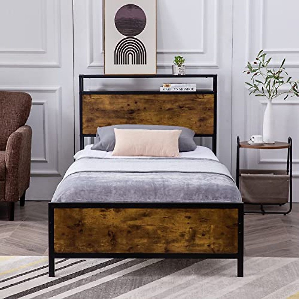 GAZHOME Twin XL Bed Frame, Platform Bed with 2-Tier Storage Headboard, Solid and Stable, Noise Free, No Box Spring Needed, Easy Assembly