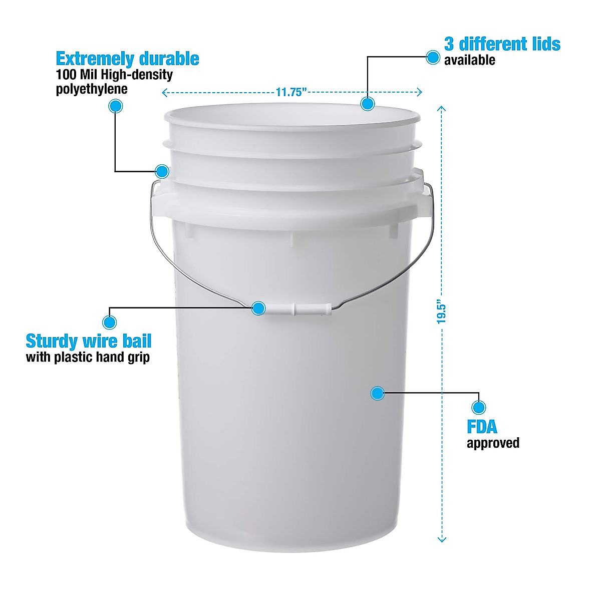 Letica Premium 7 Gallon Bucket, HDPE, Natural, 6 Pack
