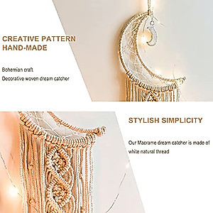 MGahyi Moon Star Dream Catcher Decor,Macrame Woven Dreamcatcher with Light,Bohemian Wall Hanging Decoration,Bedroom,Home Decoration (Moon White)