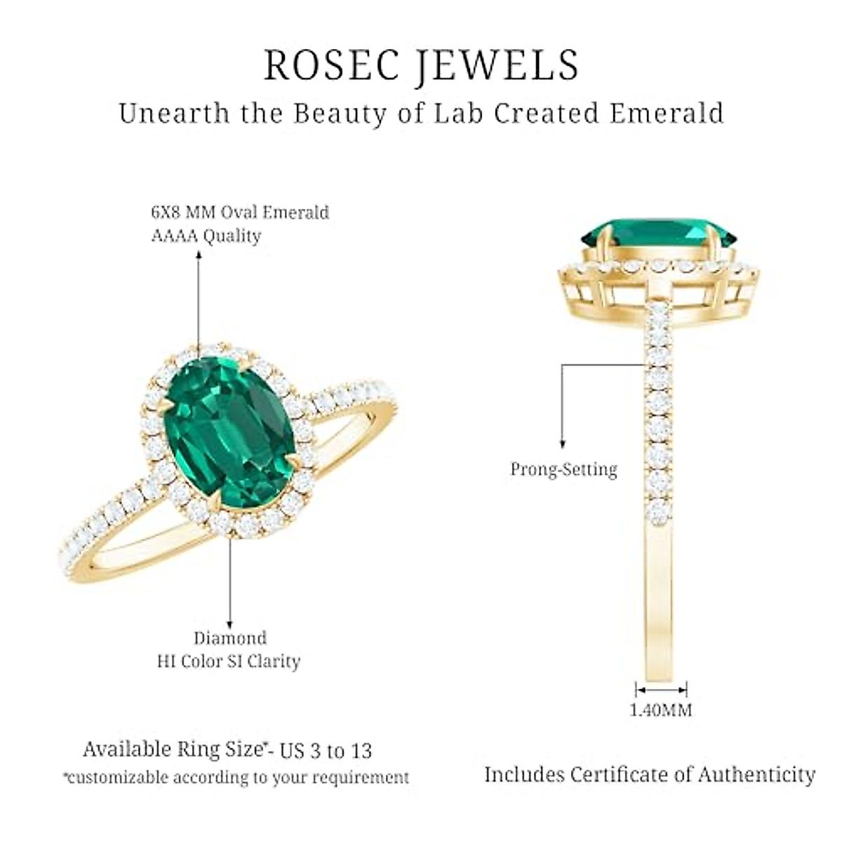 Rosec Jewels Lab Grown Emerald Diamond Oval Engagement Ring, AAAA Quality, Certified 6X8mm Oval Emerald Halo Engagement Ring, 14K Yellow Gold, Size:US 7.00