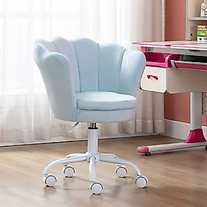 DM Furniture Velvet Kids Desk Chair Cute Computer Chair Modern Upholstered Swivel Arm Chair Adjustable Rolling Vanity Chair for Bedroom Living Room Girls (Blue)