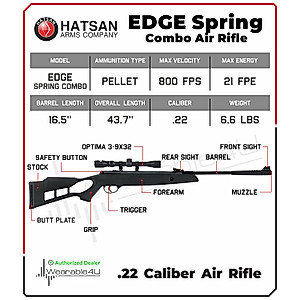 Hatsan Edge .22 Cal 1000 FPS / 21 FPE - Brake Barrel Air Rifle .22 Caliber w/ 3-9X32 Scope, QuietEnergy (QE) & Spring Piston | Small & Medium Game air Gun + Wearable4U 250x Pellets Bundle