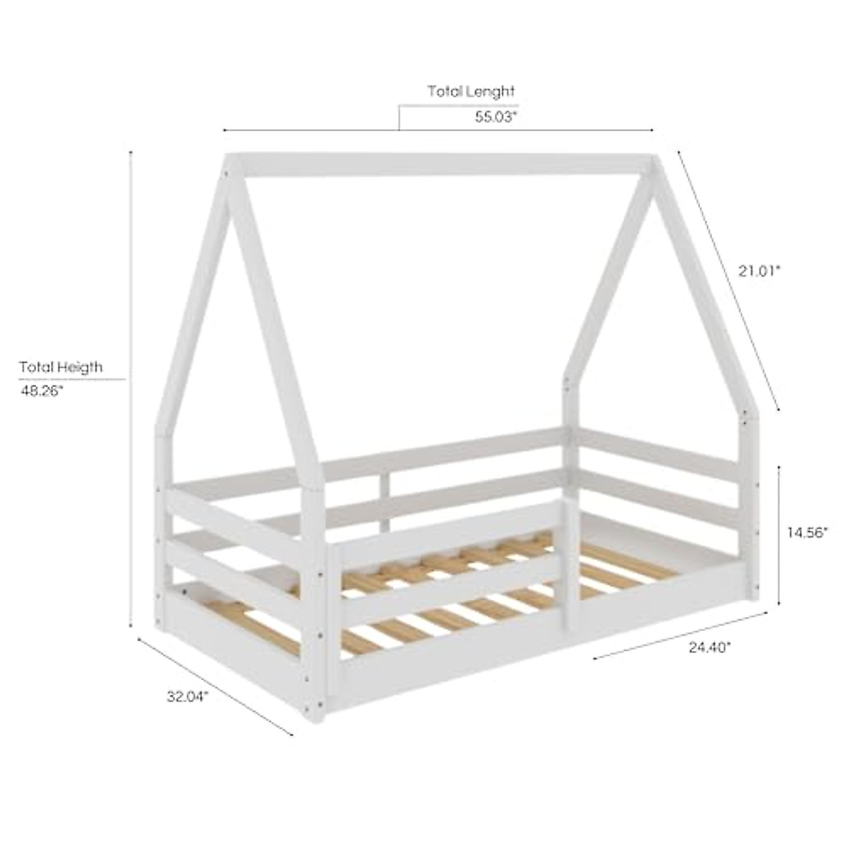 From the Tree Furniture Toddler Size Floor Bed for Girls and Boys, Solid Wood House Roof Bed, Montessori Low Floor Bed with Fence and Slat Support (Natural)