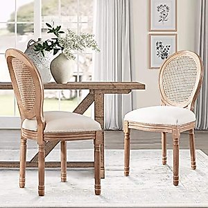 Recaceik French Country Dining Chair Set of 2, Farmhouse Dining Room Chairs with Rattan Round Back & Rubber Wood Legs Finish, Upholstered Kitchen Chairs for Dining Room/Living Room/Restaurant, Beige