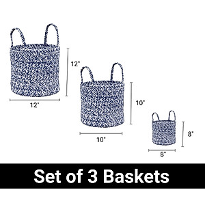 Super Area Rugs Farmhouse Plant Basket/Planter Multi Purpose Open Top Bin with Handles, Cotton Rope Basket, 8-inch, 10-inch and 12-inch Blue & White