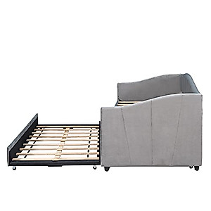 DEYOBED Twin Size Upholstered, Daybed Frame Sofa Bed with Trundle and Wood Slat for Bedroom, Living Room, No Spring Box Needed, Gray
