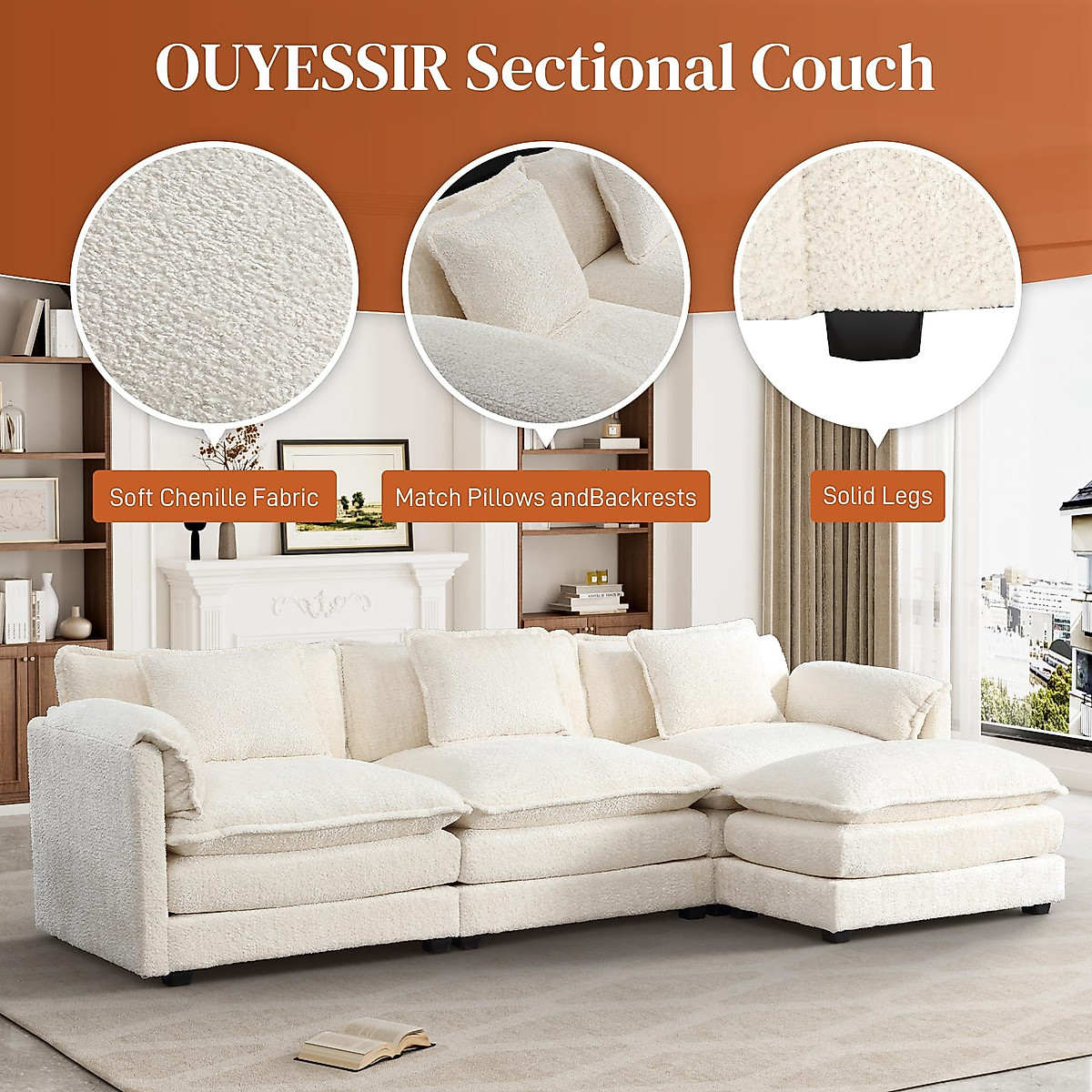 OUYESSIR Oversized Sectional Sofa Cloud Couch for Living Room, 112" Chenille Modern Upholstery L Shape Sofa, Comfy Boucle Modular Sleeper Sofa with Ottoman & Memory Foam,White
