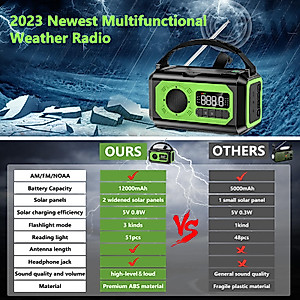12000mAh Hand Crank Emergency Radio, AM/FM/NOAA Weather Radio, Emergency Radio,Multi-Function Solar Powered Radio,2 Solar Panels,USB Type-C Charging,Torch & LED Reading Lamp,SOS Alarm,Compass(Green)