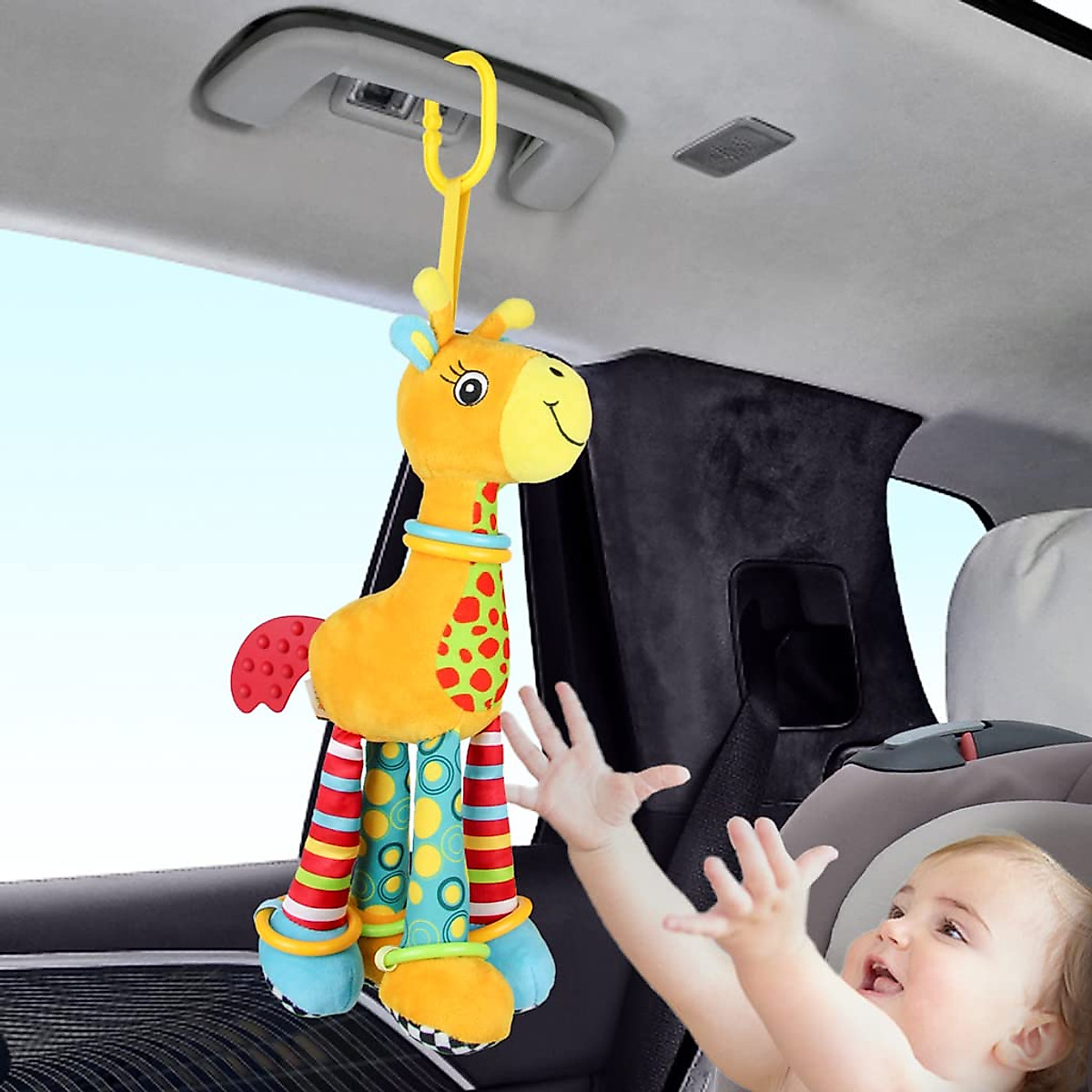 KAKIBLIN Baby Car Seat Toy, Baby Stroller Toys, Soft Hanging Rattle Baby Toy Teething Stuffed Toy, Animal Plush Wind Chime with Teether and C-Clip Ring for Infant(Yellow)