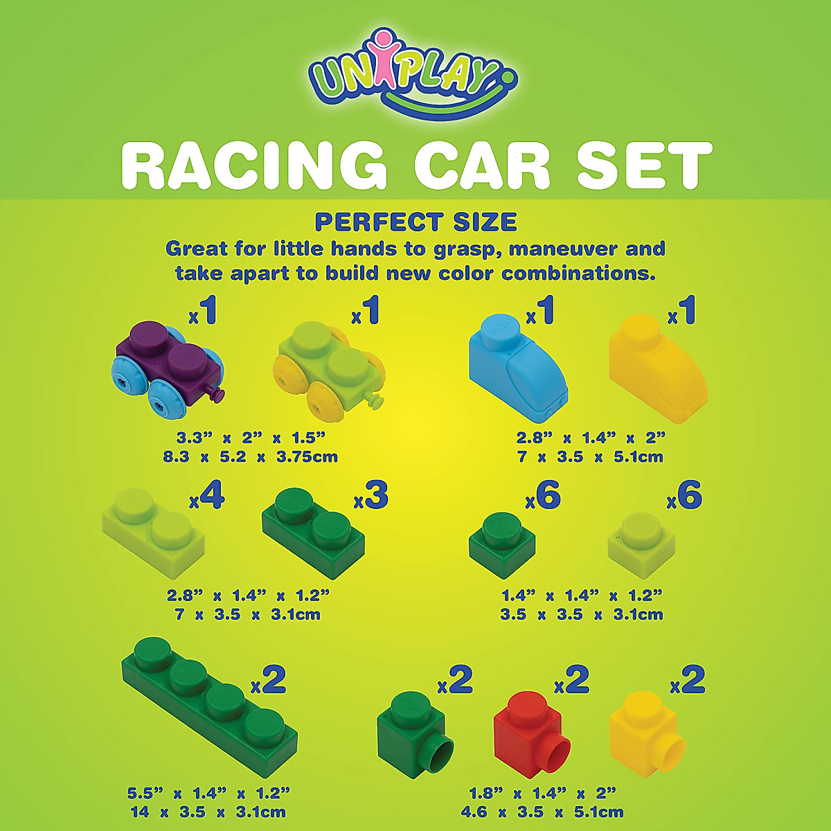 UNiPLAY Race Car Set, Building Block Car Toys for Cognitive Development, Motor Skills, Sensory Learning, Educational Toy for 3 Years Old and Up (39 Piece-Set)
