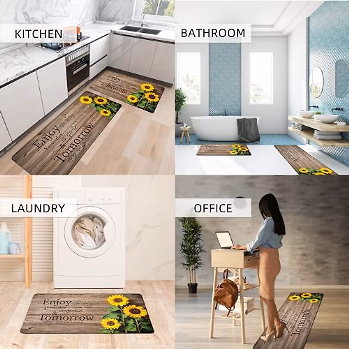 Yellow Sunflower Kitchen Rugs Farmhouse Kitchen Mats for Floor 2 Piece Anti Fatigue Kitchen Mat Set Thick Memory Foam Cushioned Kitchen Rug Set for Sink Laundry Room, 17.3x28+17.3x47 inch